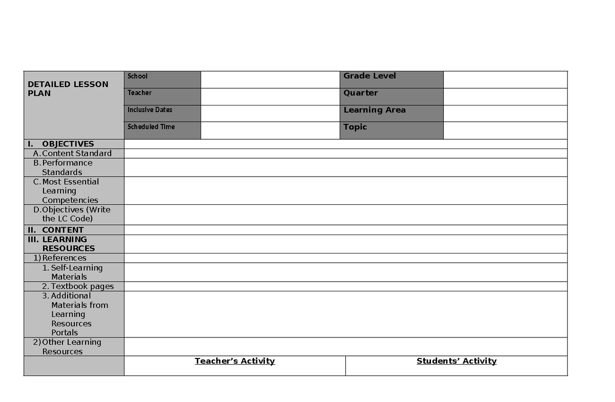 Detailed lesson plan template - DETAILED LESSON PLAN School Grade Level ...