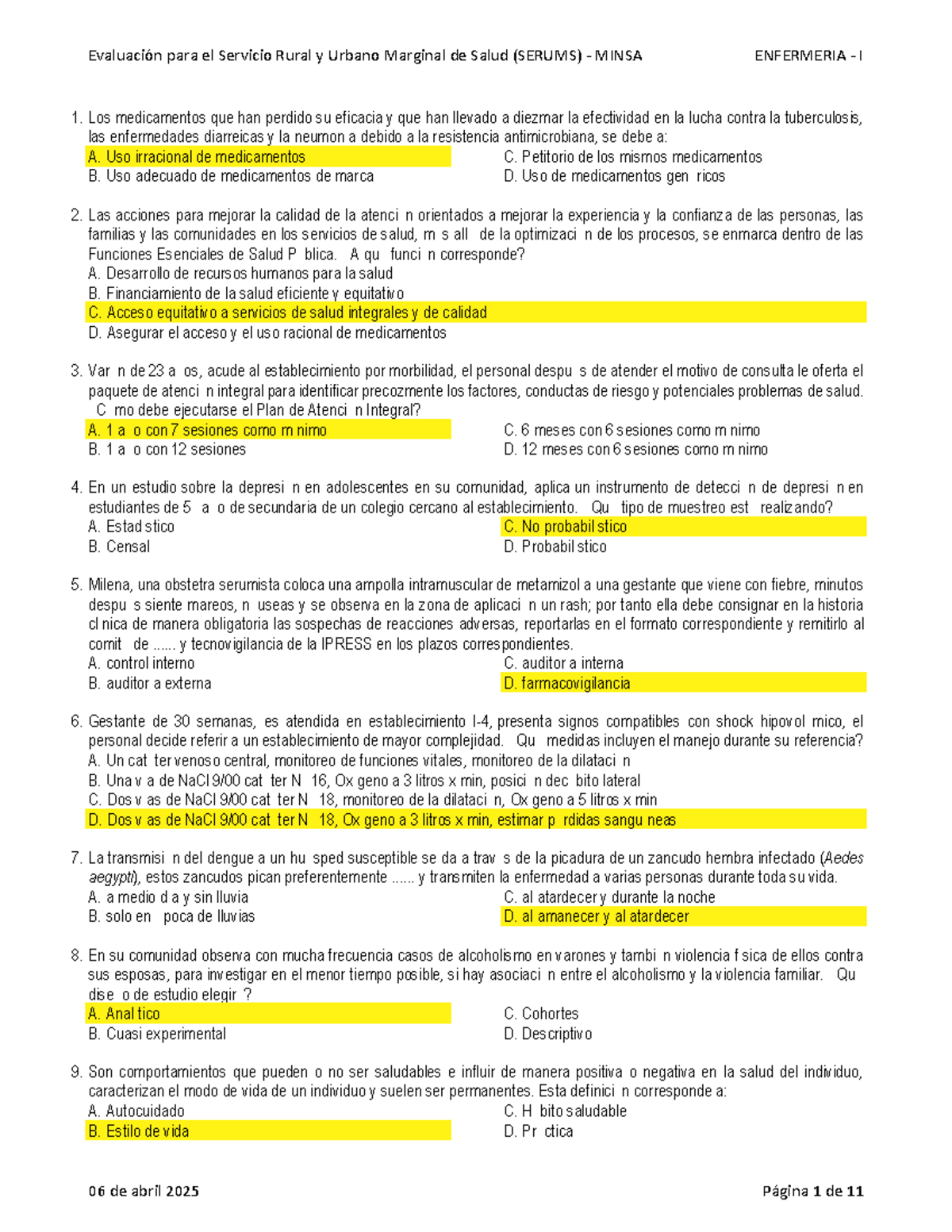 Evaluación SERUMS MINSA ENFERMERIA I: Preguntas y Respuestas Clave - Studocu