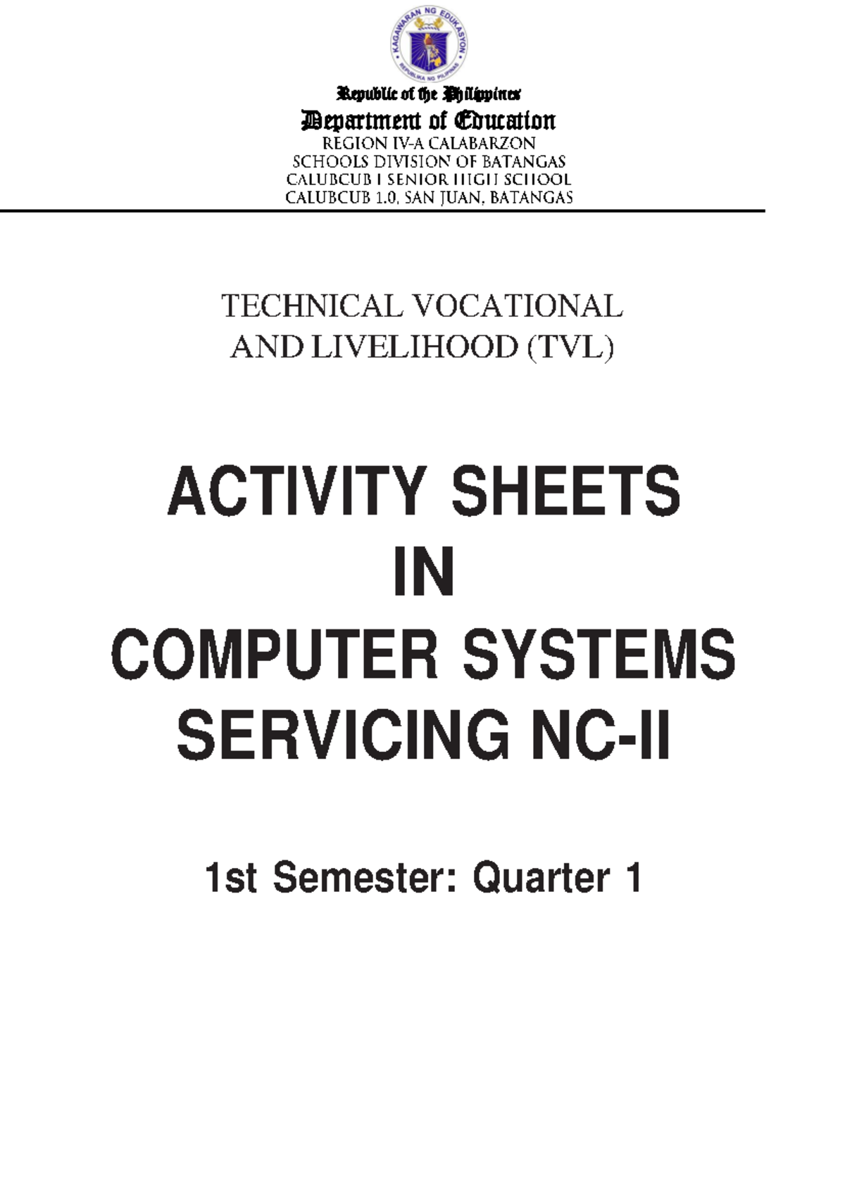 CSS Learning Activity Sheet for Computer Systems Servicing NC-II - Studocu