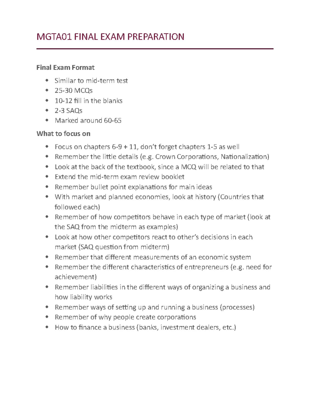 MGTA01 Final EXAM Preparation - MGTA01 FINAL EXAM PREPARATION Final ...