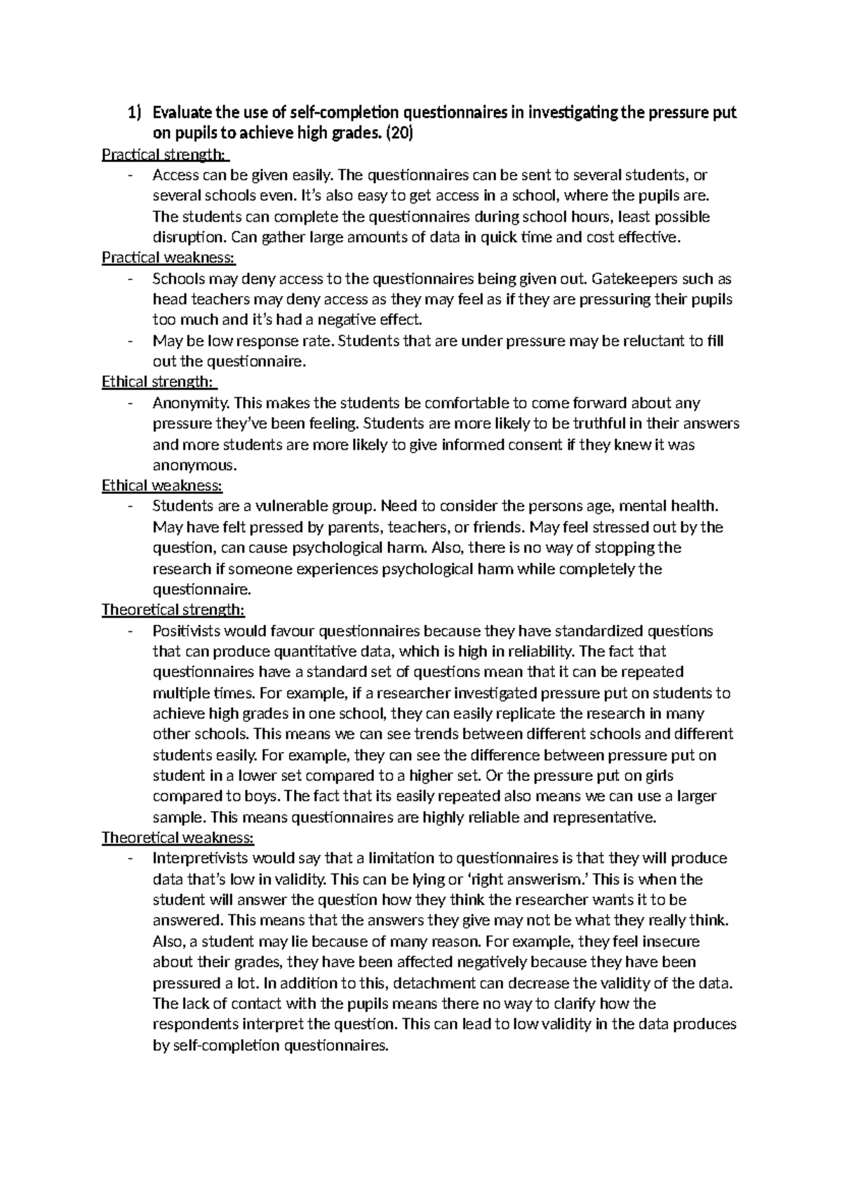 Sociology 2023 - 20 Marker Practice on Self-Completion Questionnaires ...