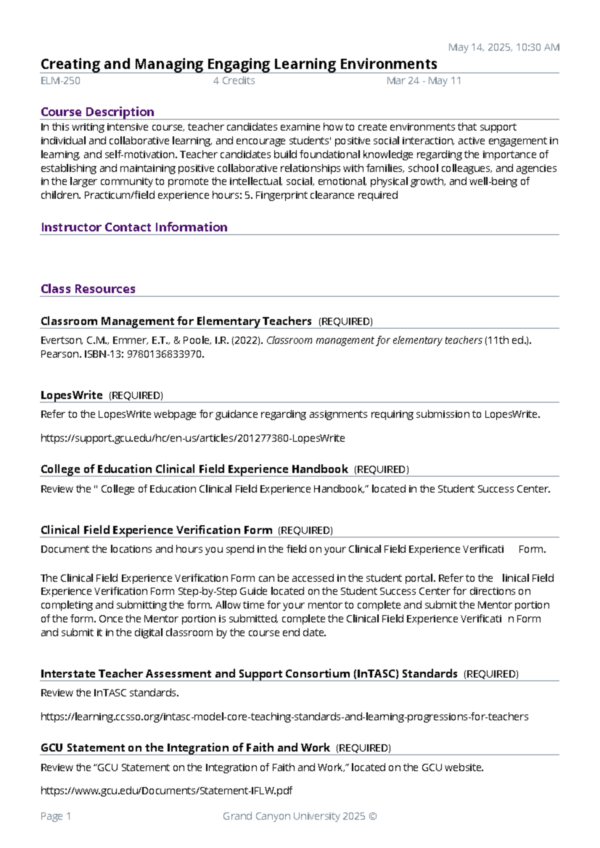Creating and Managing Engaging Learning Environments: ELM-250 Syllabus ...