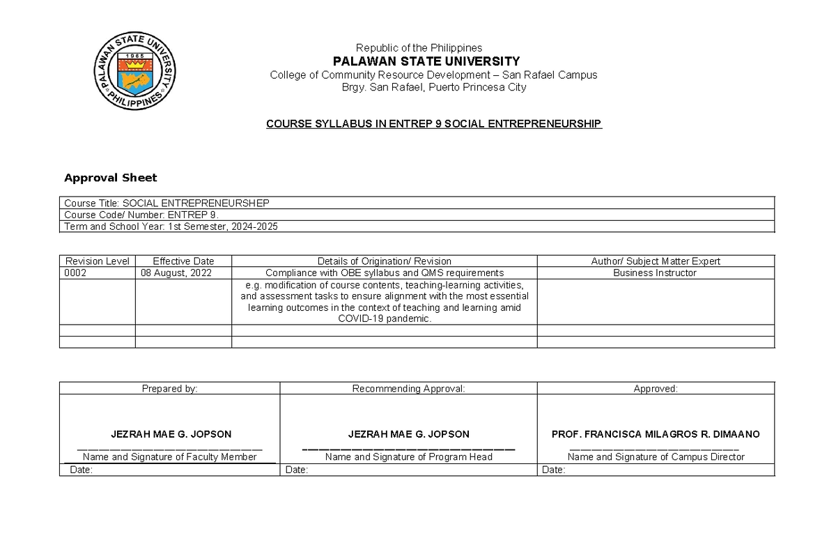 ENTREP 9 Course Syllabus: Social Entrepreneurship Overview and Goals ...
