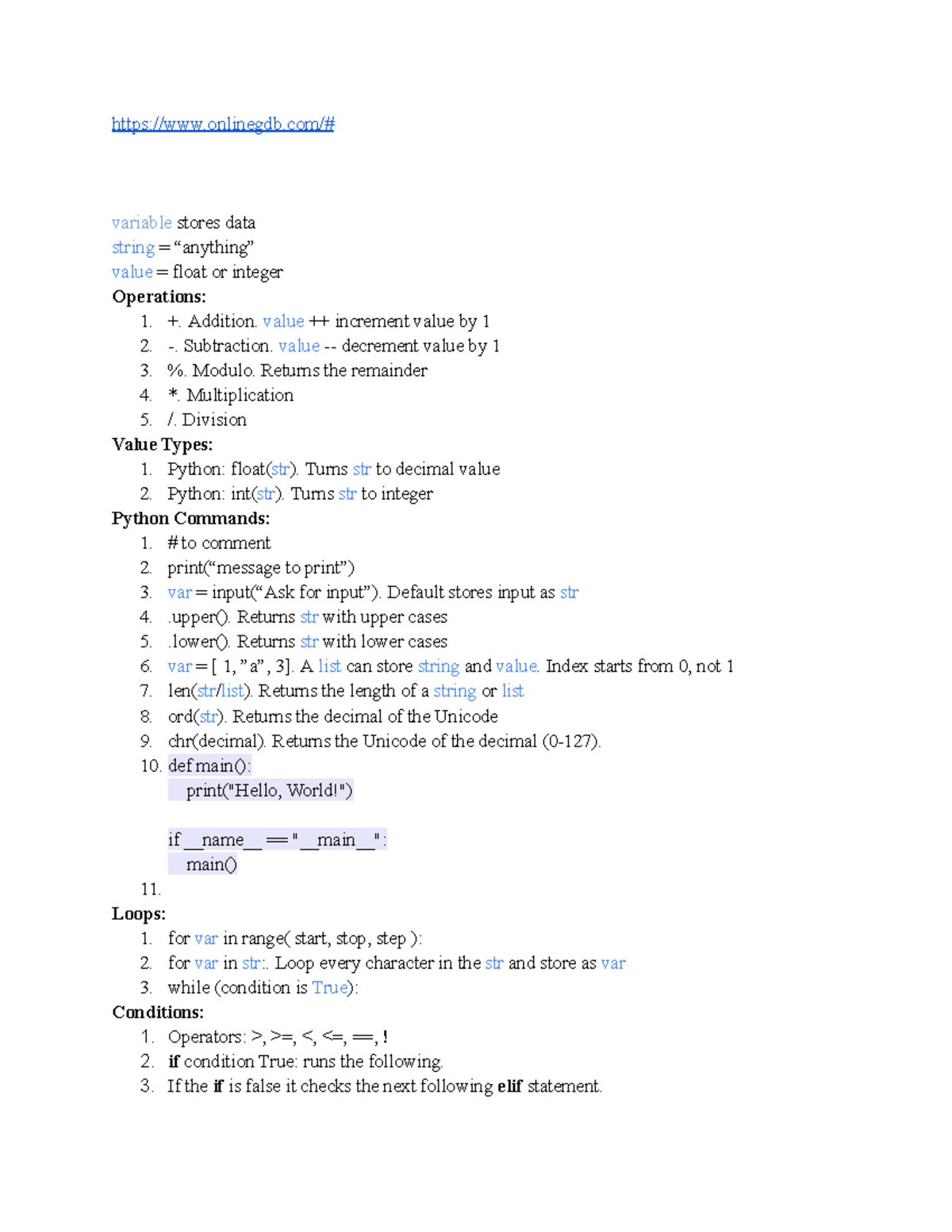 My CSCI 127 Note - Python - onlinegdb/# variable stores data string = “anything” value = float ...
