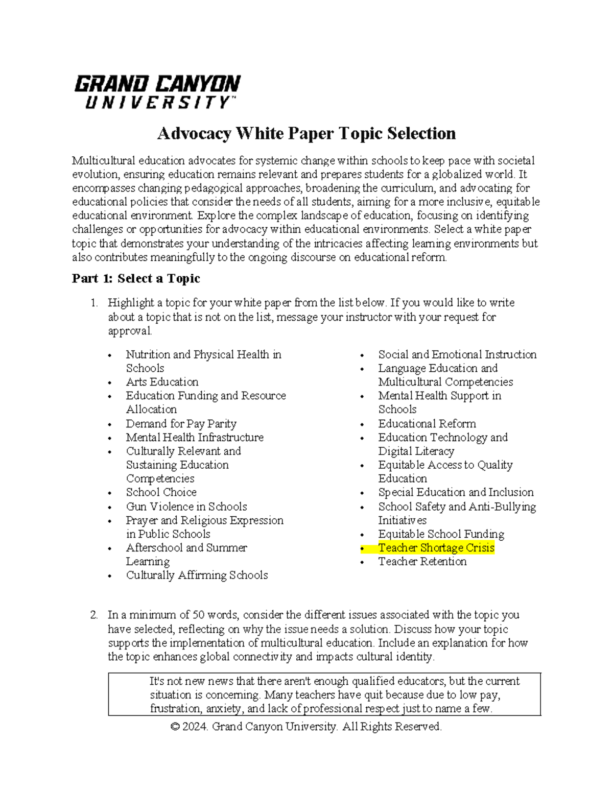 EDU-330-RS-T1-Teacher Shortage Advocacy White Paper Topic Selection ...