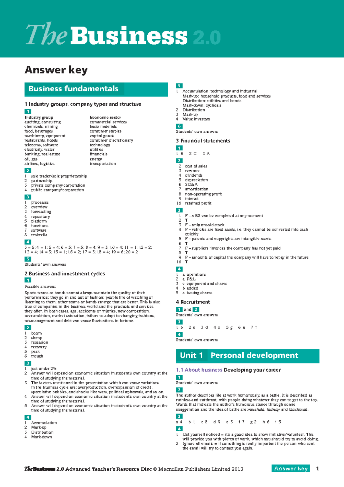 Business 2.0 Advanced Answer Key for Teacher's Resource Disc - Studocu