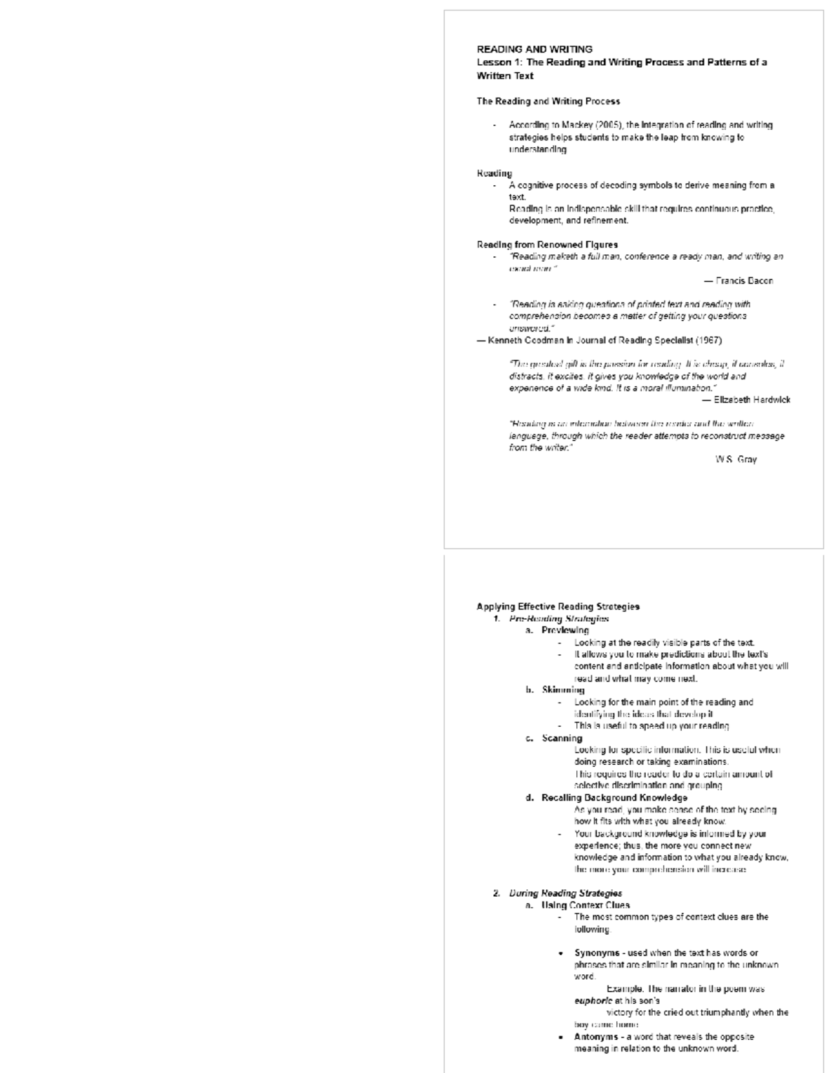 Reading and Writing - CLASS NOTES FOR LESSONS - READING AND WRITING ...