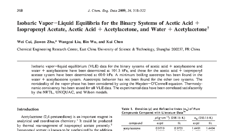 Isobaric VLE Data for Binary Systems: Acetic Acid & Acetylacetone (318 ...
