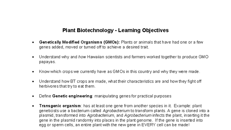 Plant Biotechnology Learning Objectives: GMOs and Gene Editing - Studocu