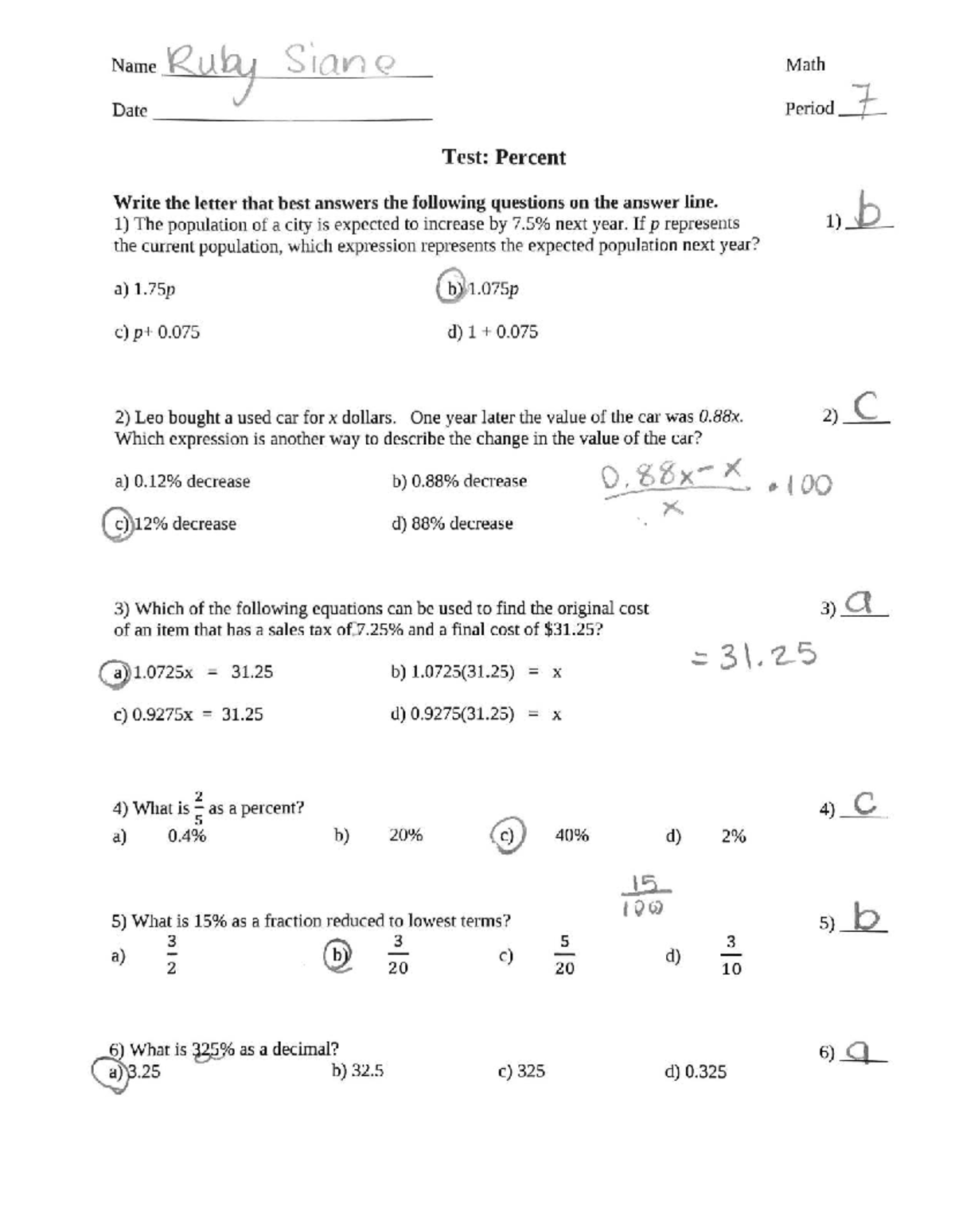 Math 7 Test: Percent Concepts and Problem Solving - Studocu