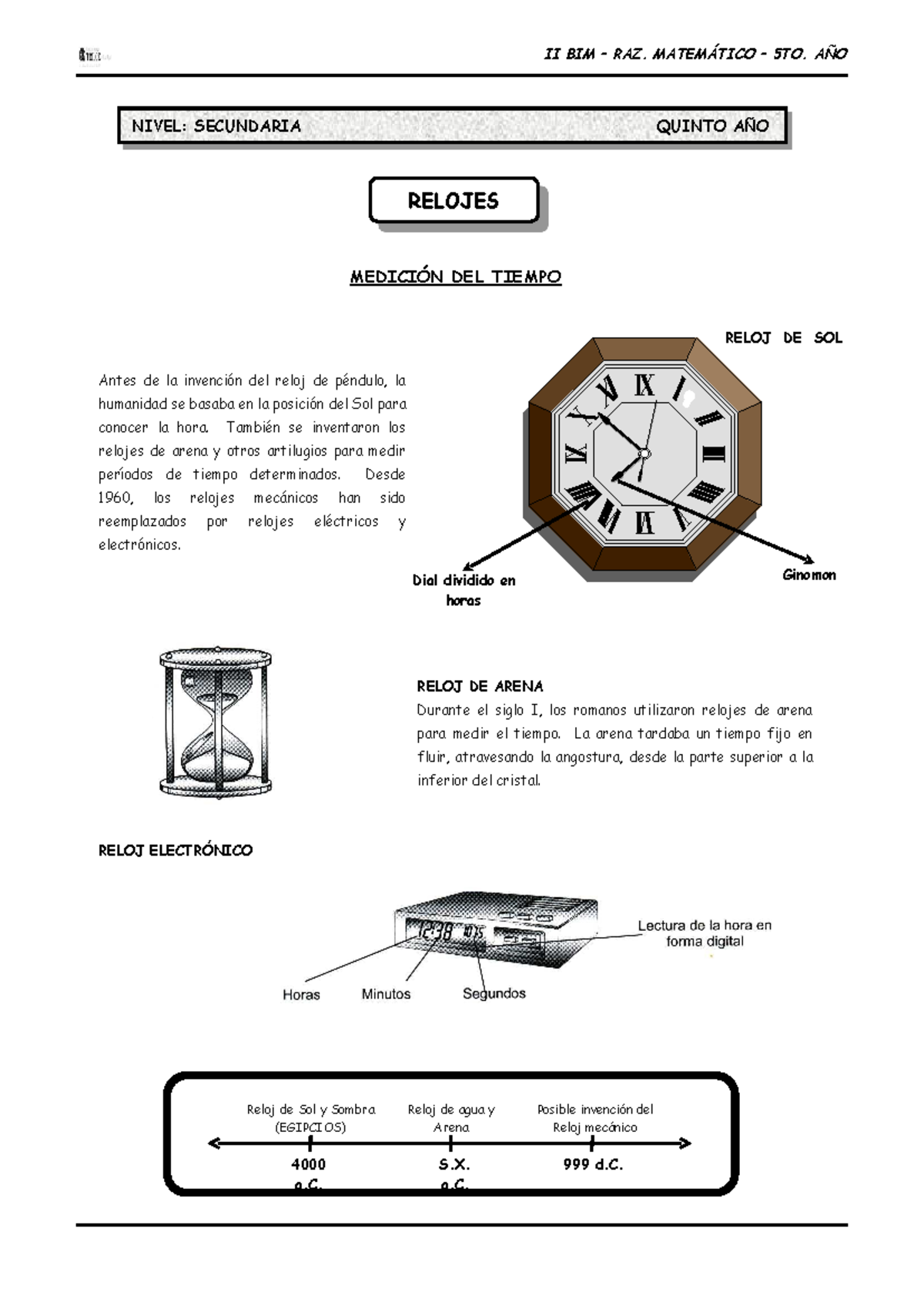 II BIM RAZ. MATEMÁTICO 5TO AÑO - GUÍA Nº5: Relojes y Medición del ...