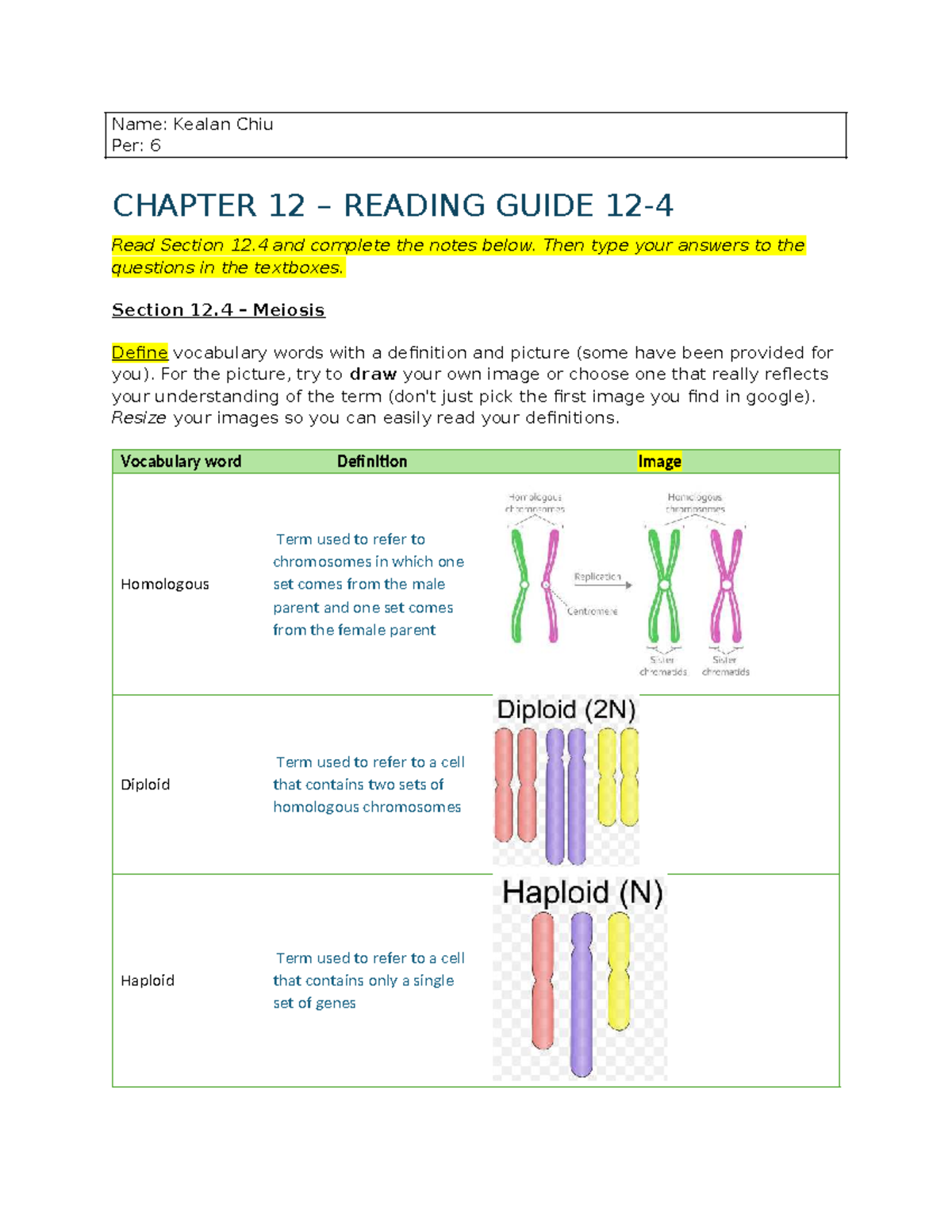 CH 12 READING GUIDE: Meiosis (RG 12.4) - Key Concepts & Questions - Studocu