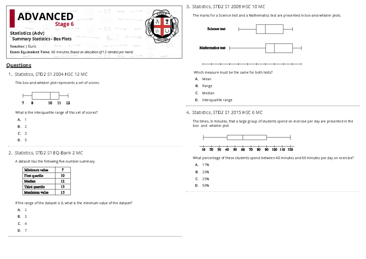 SM Summary Statistics & Box Plots - STD2 S1 HSC Exam Prep - Studocu