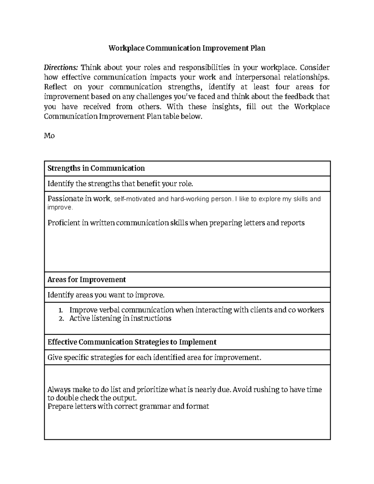 Activity-Workplace Communication Improvement plan ish - Workplace ...