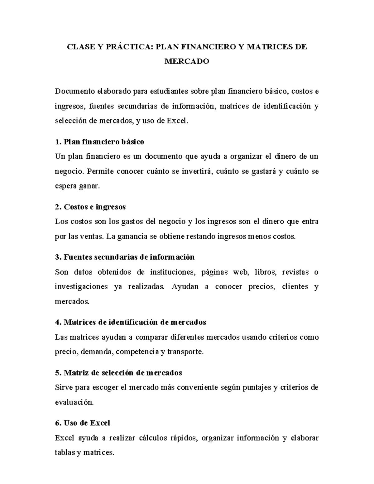 CLASE Y PRÁCTICA: PLAN FINANCIERO Y MATRICES DE MERCADO - SESIÓN 4 ...