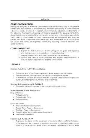 NSTP- Module Lesson-2 - LESSON 2 THE BASIC VALUES OF THE FILIPINOS Meaning of Preamble The term ...