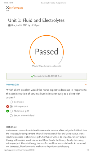 Elsevier Adaptive Quizzing - Quiz performance - Exit Performance Client Needs - Management of ...