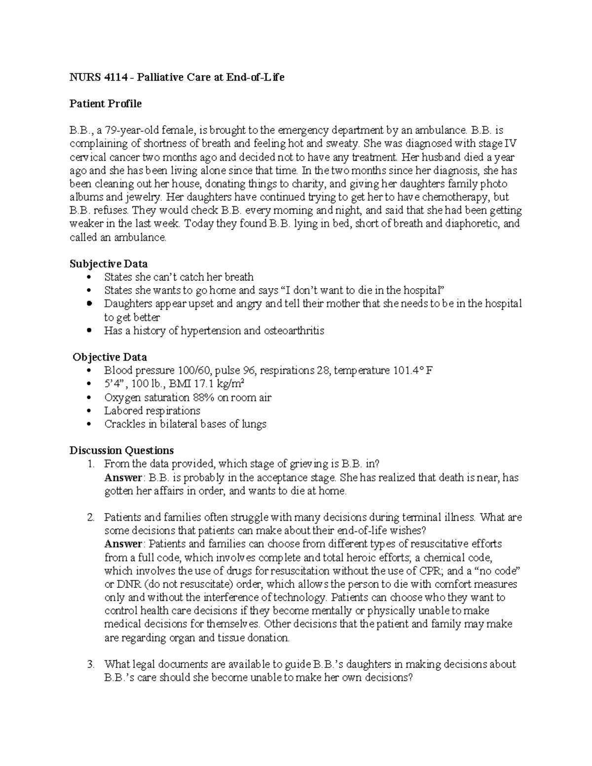 NURS 4114 - Palliative Case Study on End-of-Life Care for B.B. - Studocu