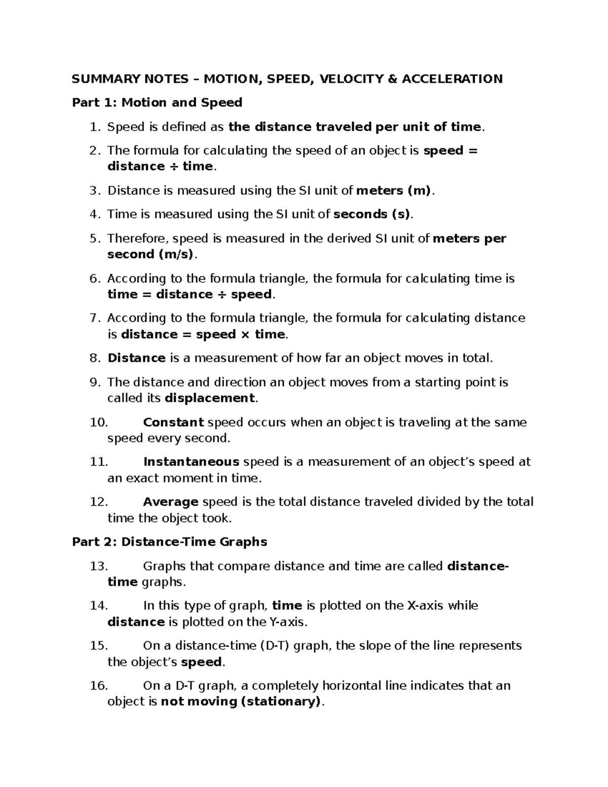 Work - some science work - SUMMARY NOTES – MOTION, SPEED, VELOCITY ...