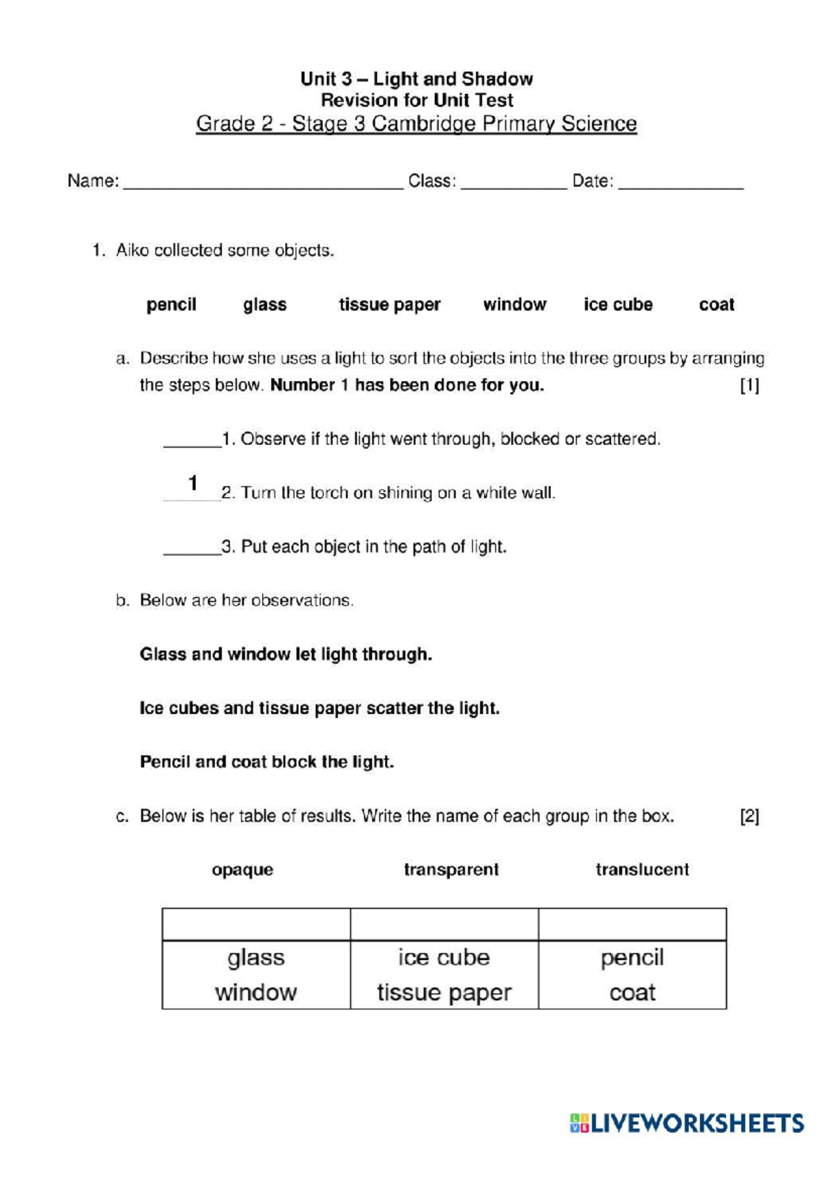 Unit 3 Light and Shadow Revision Worksheet for Unit Test Grade 2 - Studocu