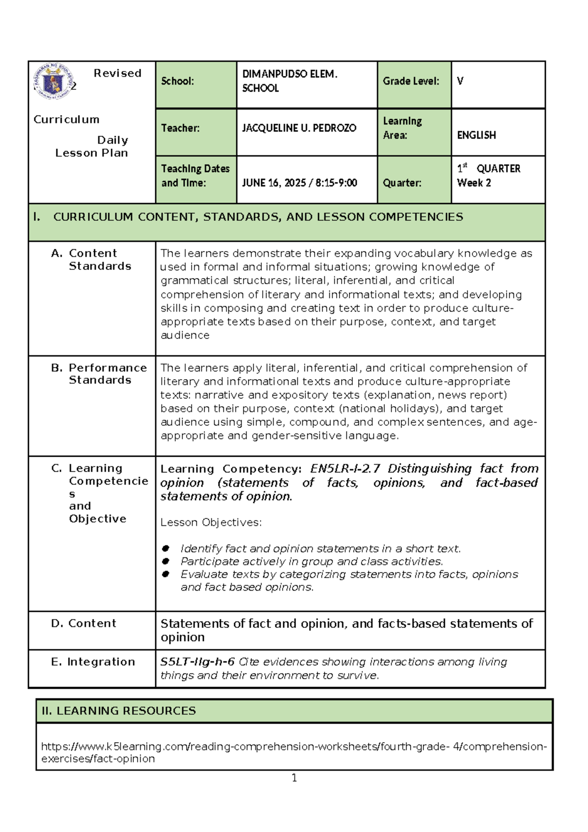 K to 12 English 5 Daily Lesson Plan: Fact vs. Opinion (1st Quarter ...