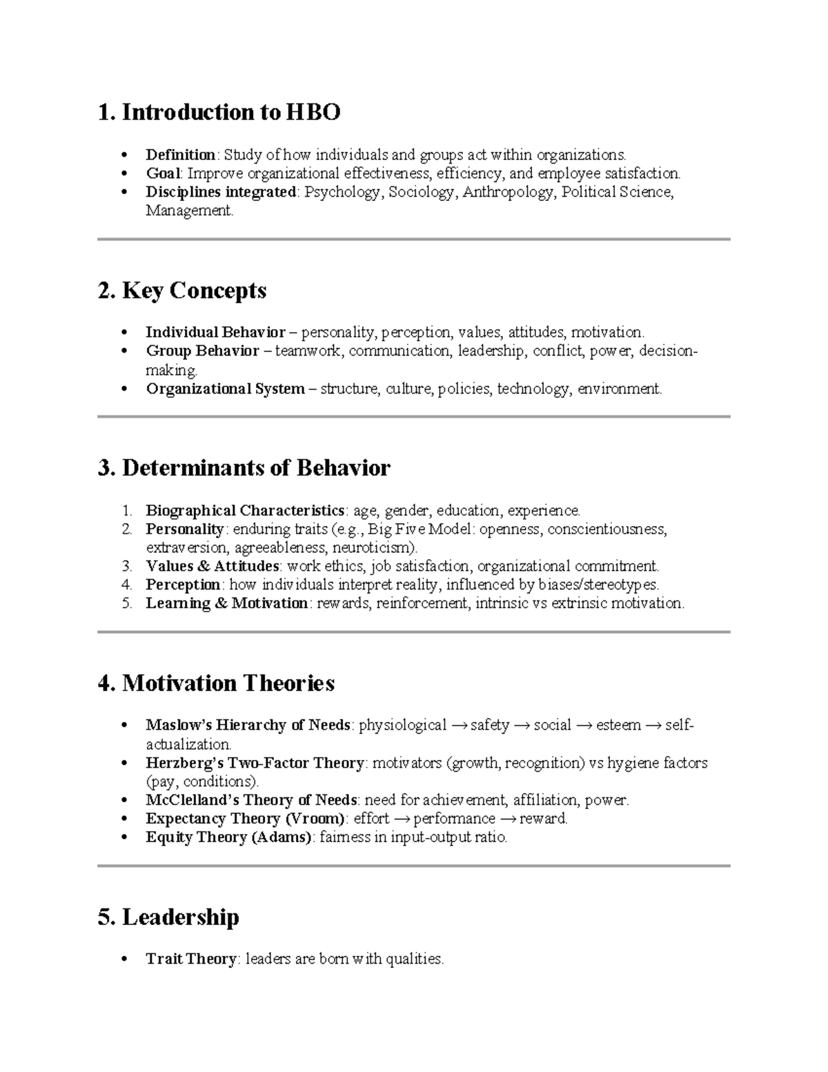 HBO - Organizational Behavior Study Notes: Key Concepts & Theories ...