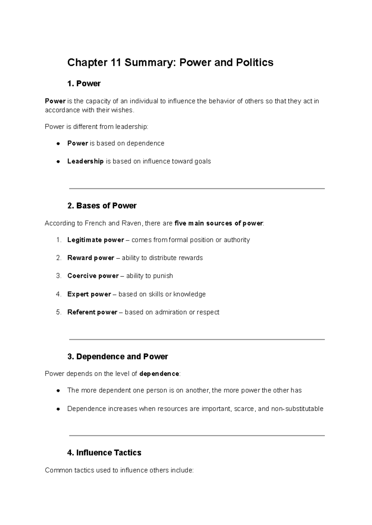 Chapter 11 Summary: Power and Politics (Course Code) - Studocu