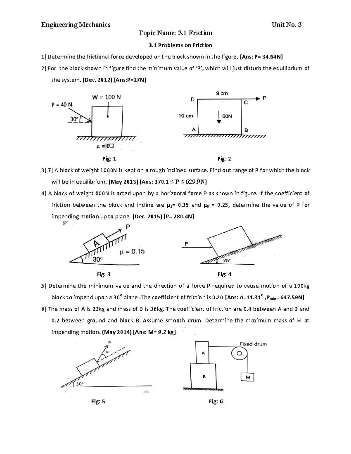 Engineering Mechanics Unit 3: Friction Problems & Solutions - Studocu