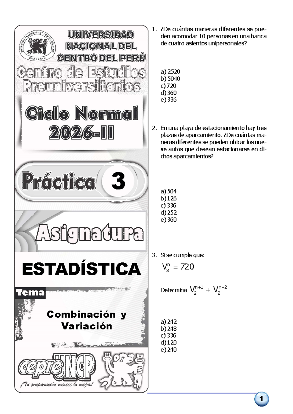 Estadística 03 CN 2026-II: Combinación y Variación en Problemas - Studocu