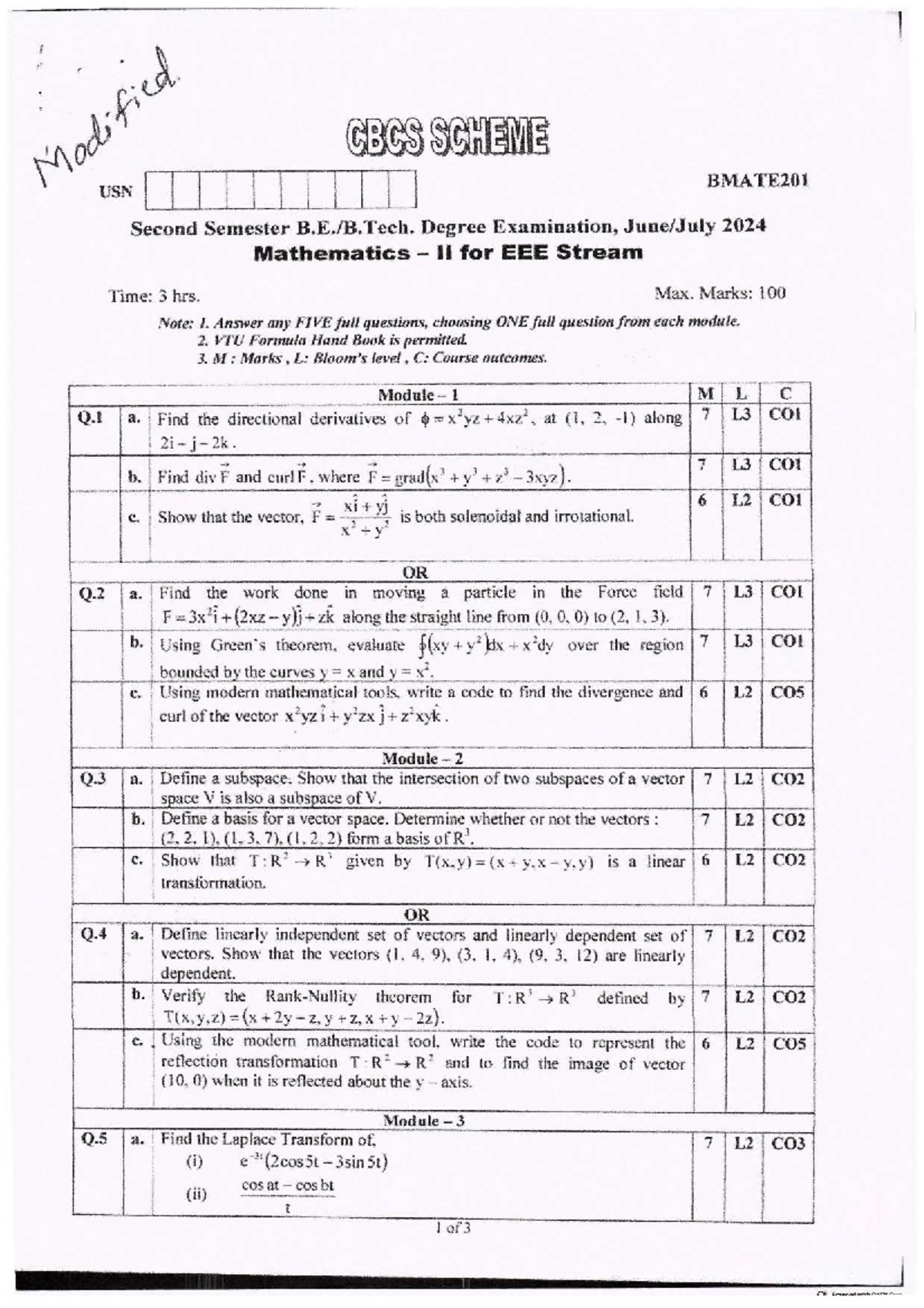 Mathematics II Sample Paper for BMATE201 - Second Semester Exam 2024 ...