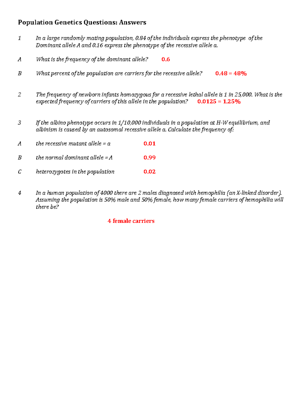 Population Genetics worksheet - Population Genetics Questions: Answers ...