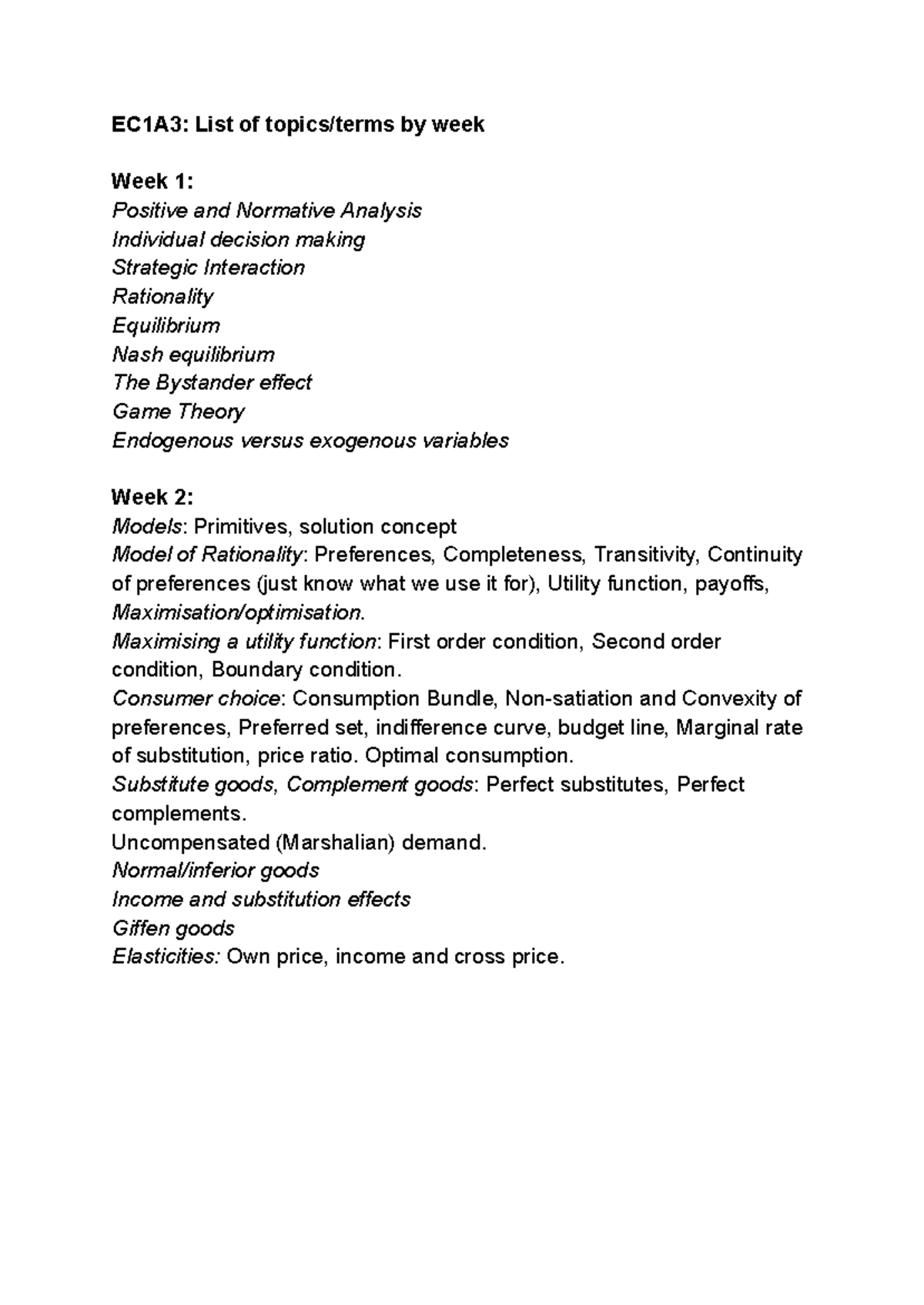 List of topics by week - EC 1 A 3 : List of topics/terms by week Week 1 ...