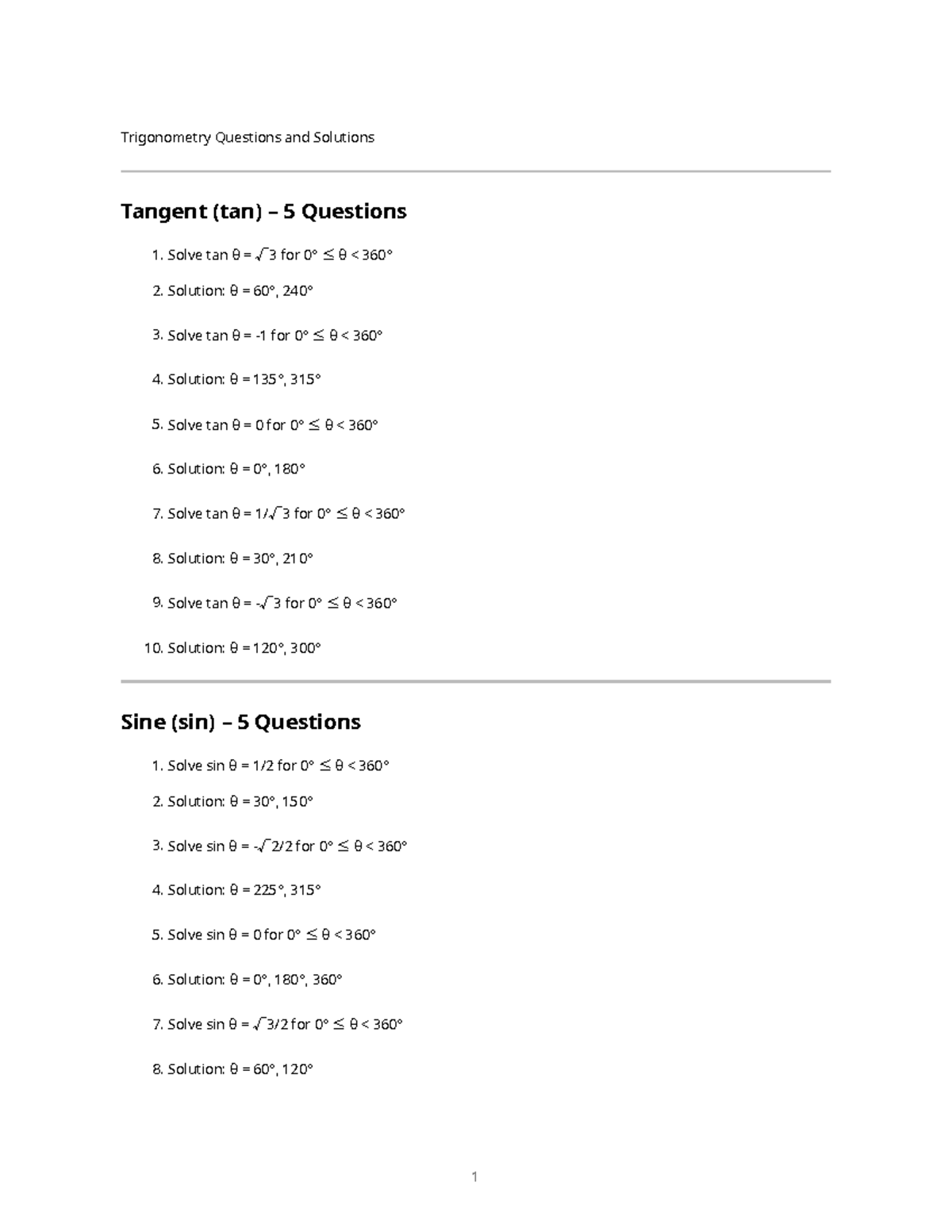 Trig Questions & Solutions: Tan & Sin (5 Each) - Studocu