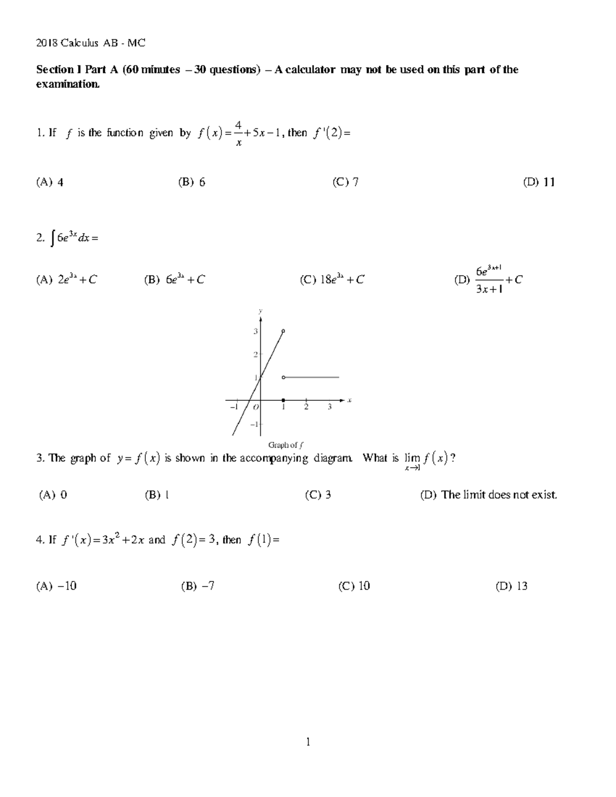 2018 AP Calculus AB - Multiple Choice Exam - Studocu