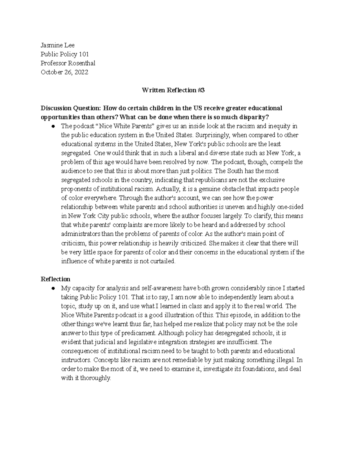 PP101 Written Reflection #3 - Jasmine Lee Public Policy 101 Professor ...