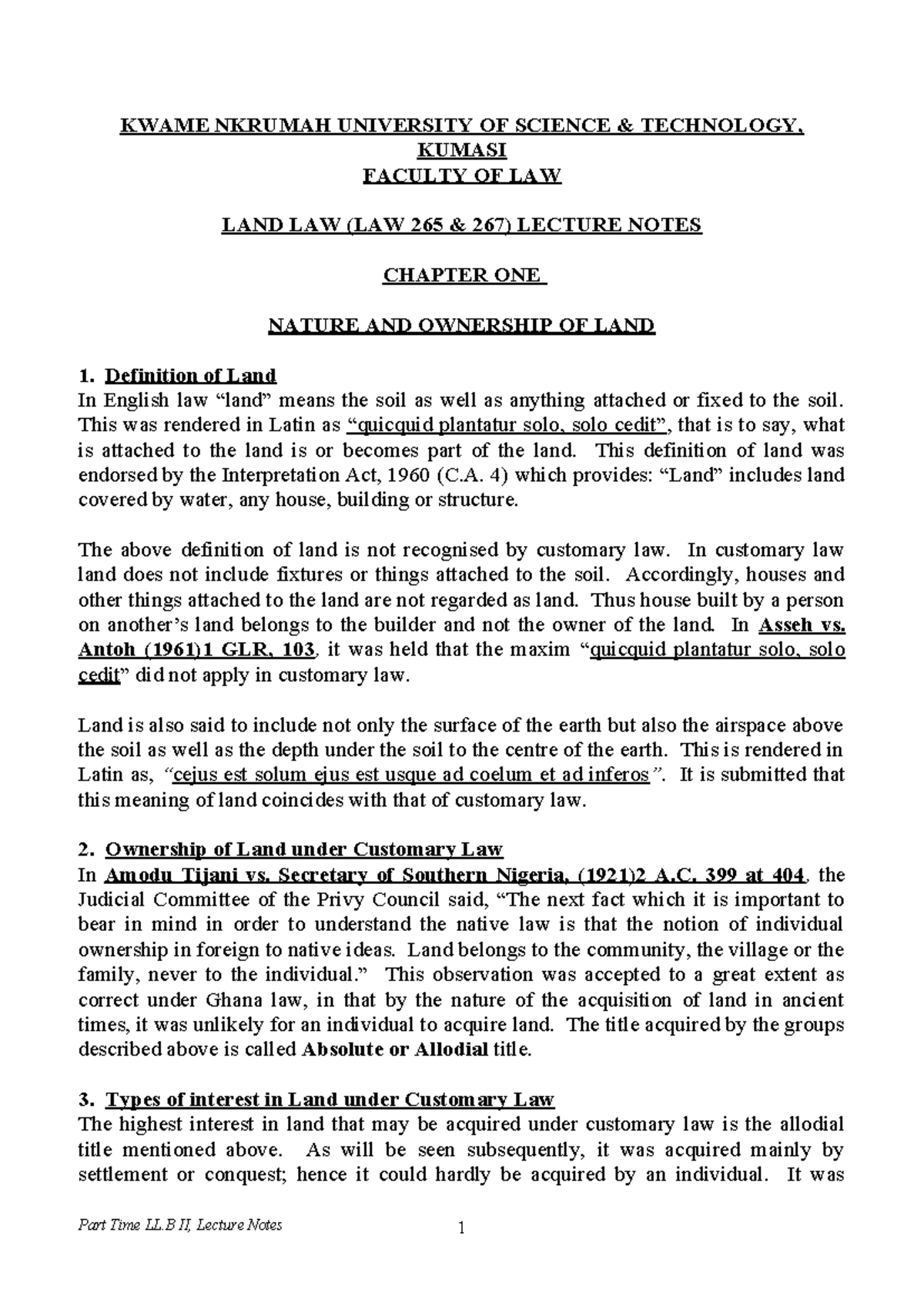 Land Law (LAW 265 267) Lecture Notes: Nature and Ownership of Land ...