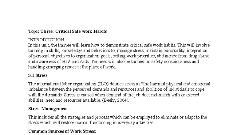 Topic Three: Critical Safe Work Habits (CSWH 101) - Studocu