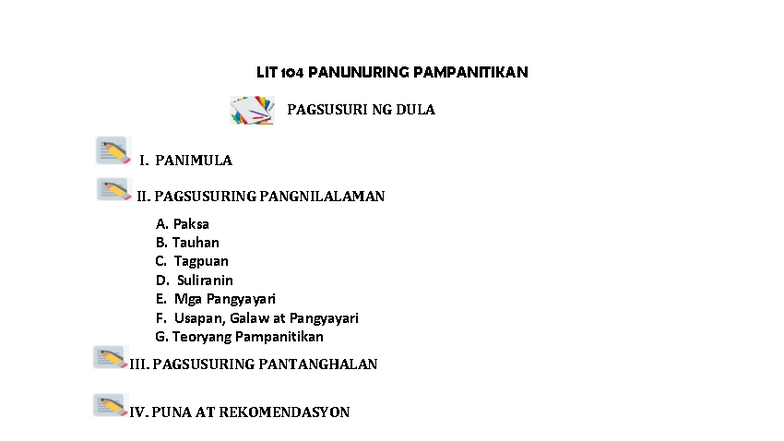 LIT 104 Pagsusuri ng Dula: Isang Komprehensibong Gabay - Studocu