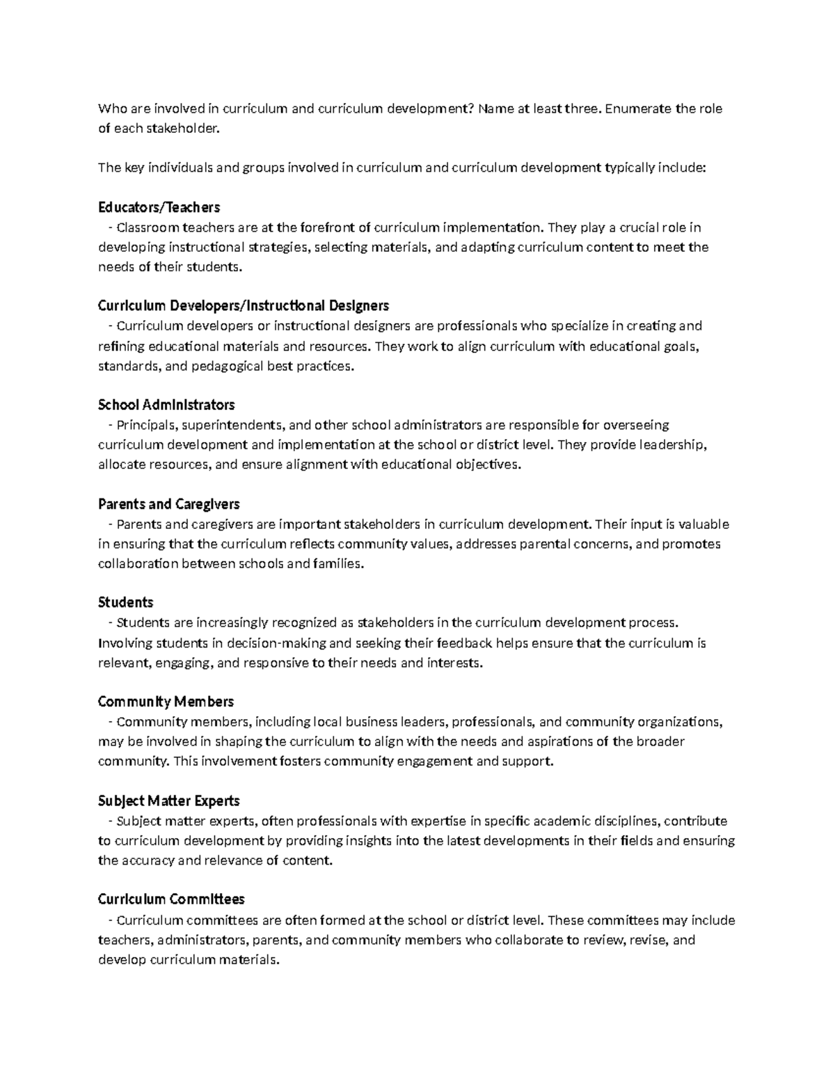 Stakeholders in Curriculum Development and Their Roles - Studocu