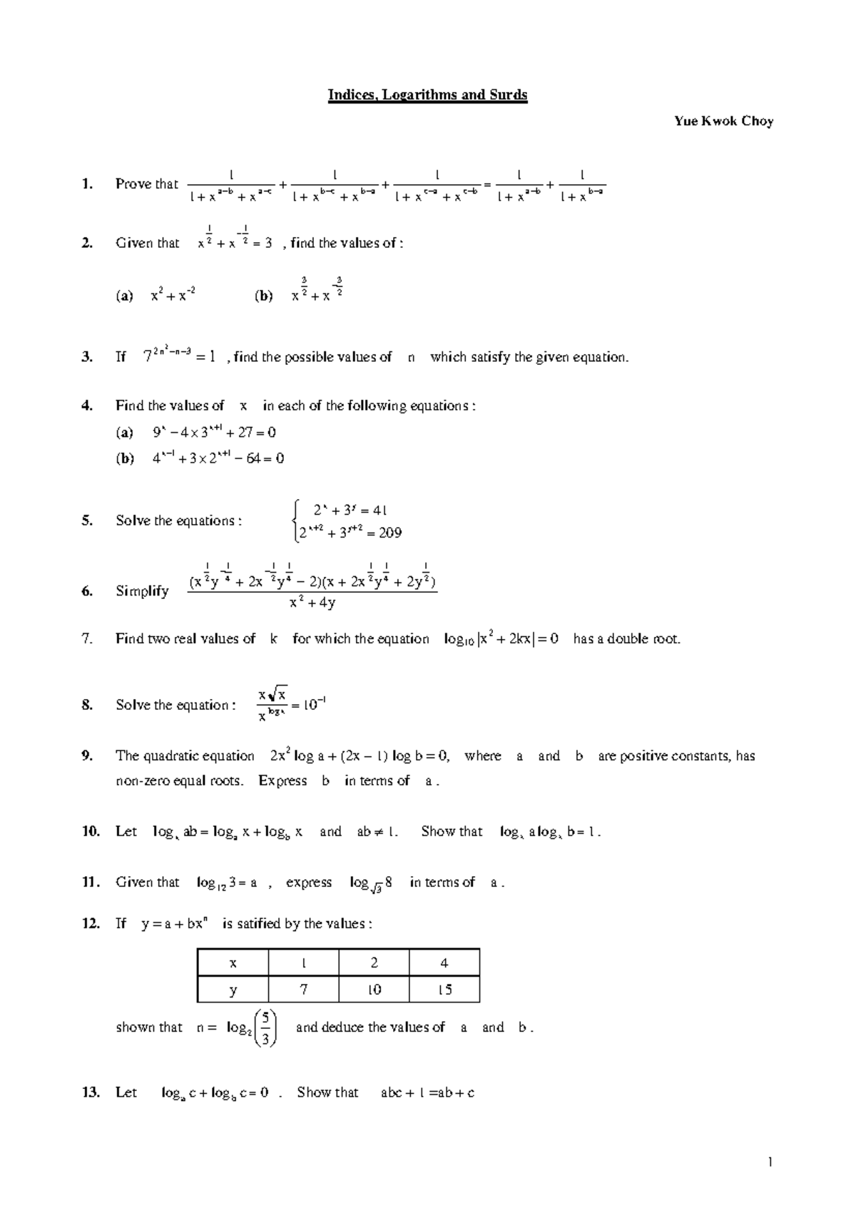 Indices Logarithms Surds Questions - Indices, Logarithms and Surds Yue ...