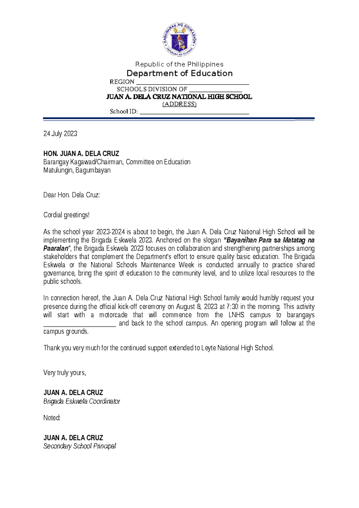 Barangay Kagawad Edu Comm: Invitation to Brigada Eskwela Kick-off - Studocu