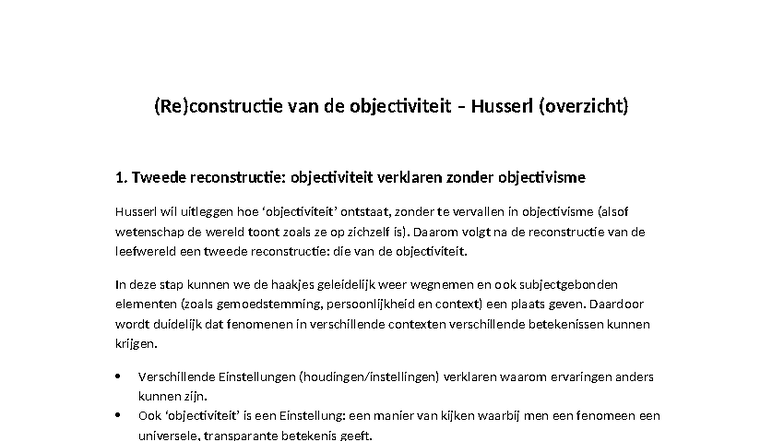 Husserl: Reconstructie van Objectiviteit en Ervaring - Studocu