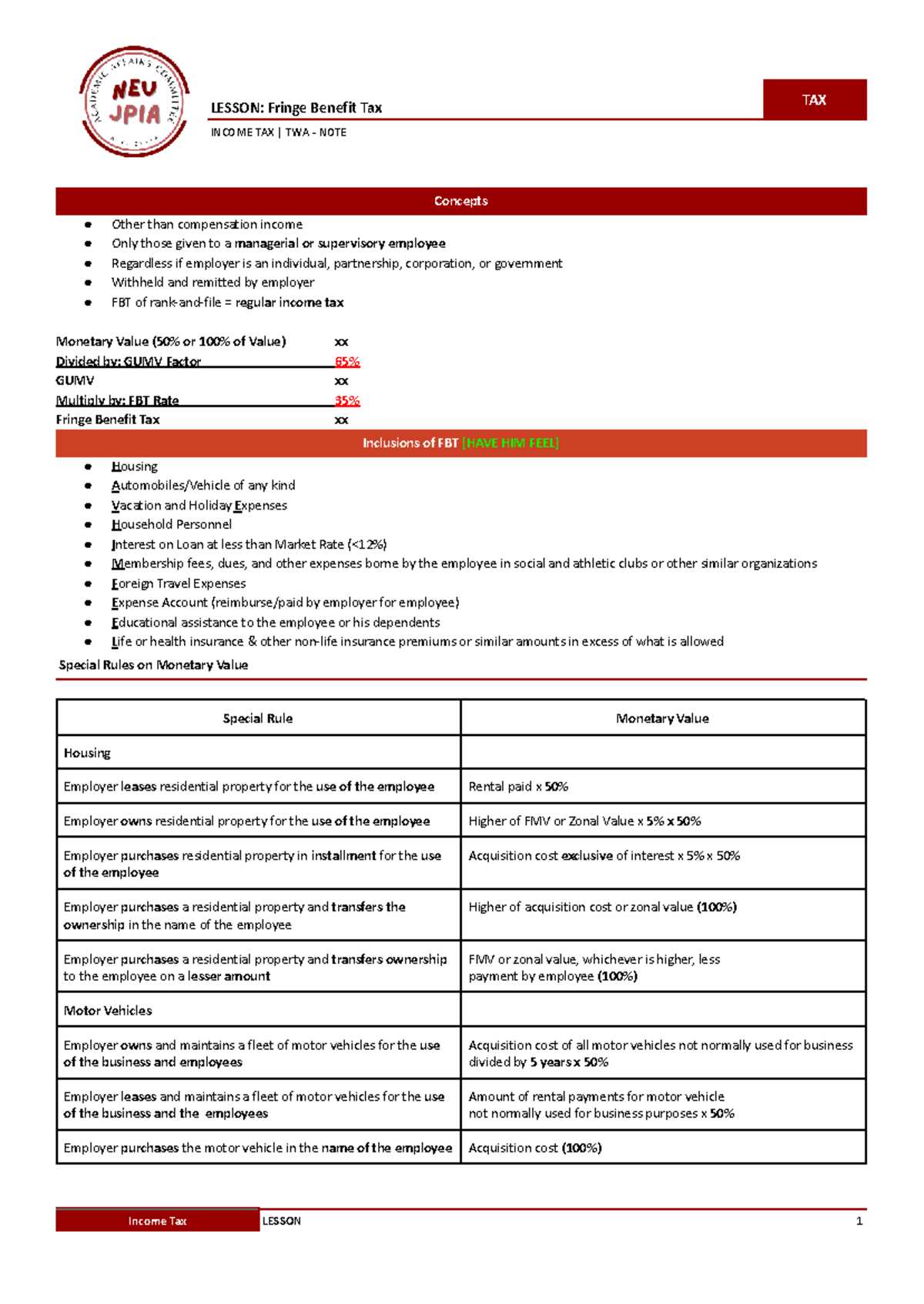 TWA FBT MINI-NOTE: Understanding Fringe Benefit Tax Concepts - Studocu