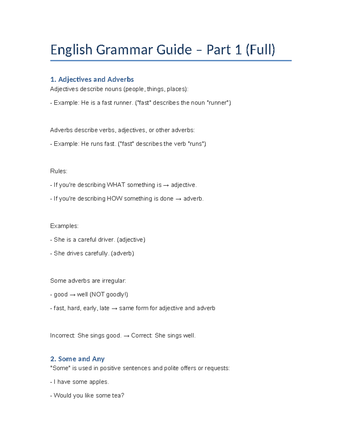 English Grammar Guide Part 1: Adjectives, Adverbs & More - Studocu