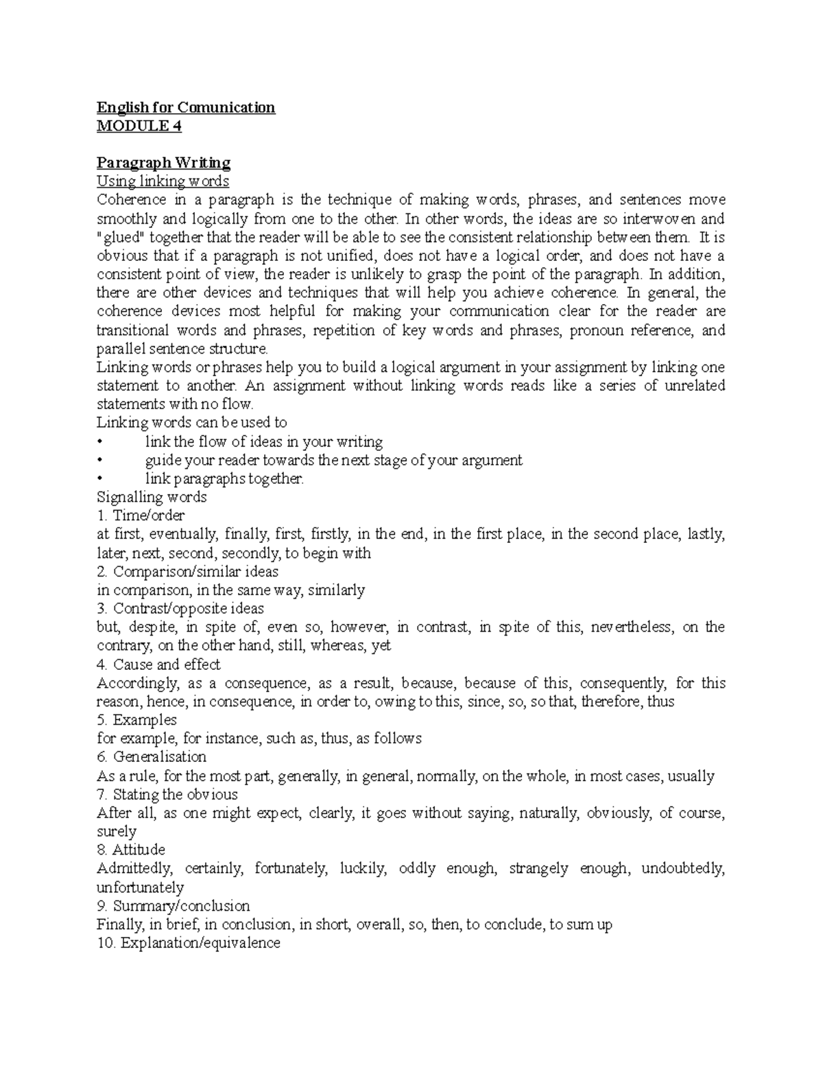 English for communication - English for Comunication MODULE 4 Paragraph ...
