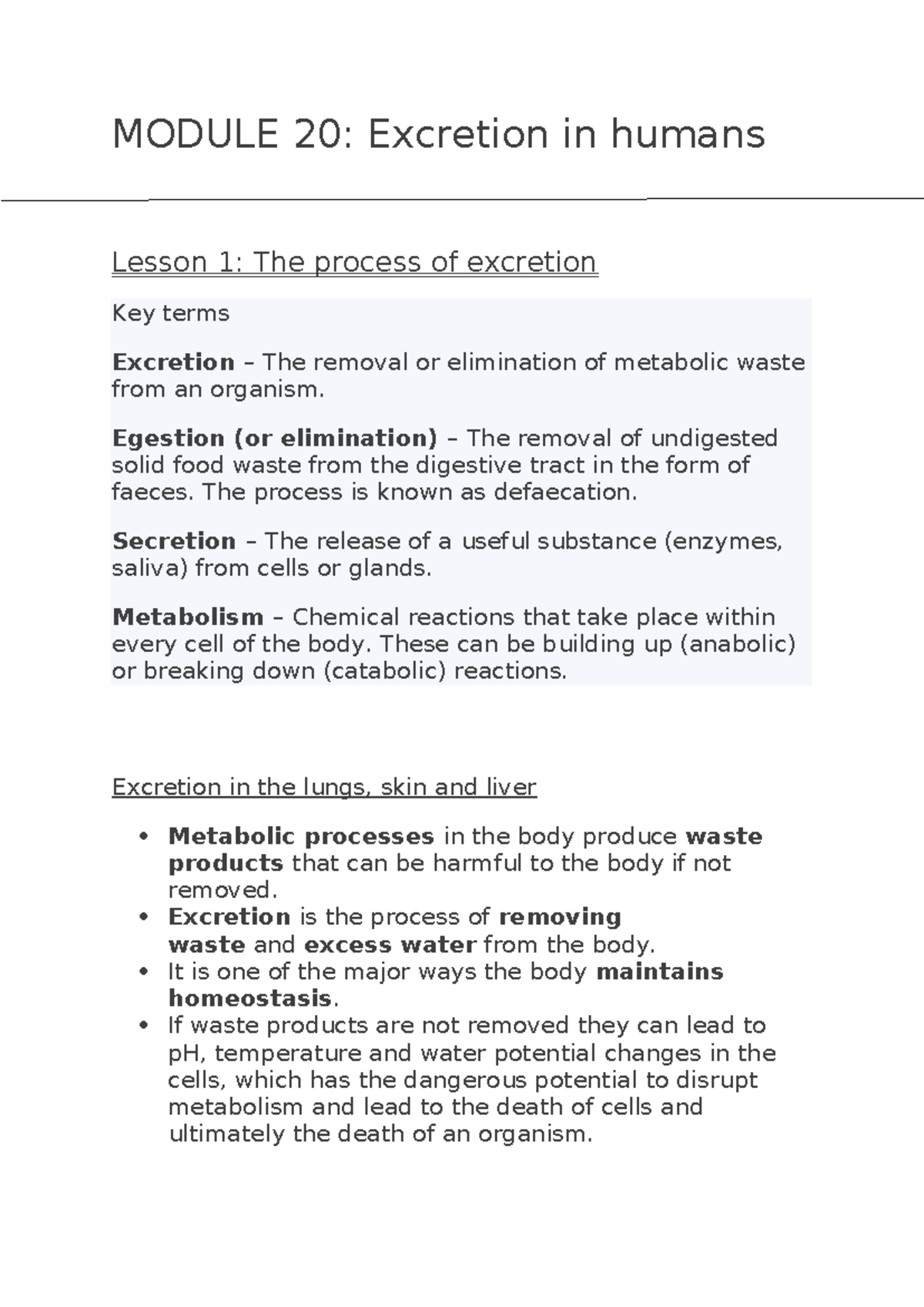 Module 20 - Human Excretion: Key Concepts & Nephron Functions - Studocu