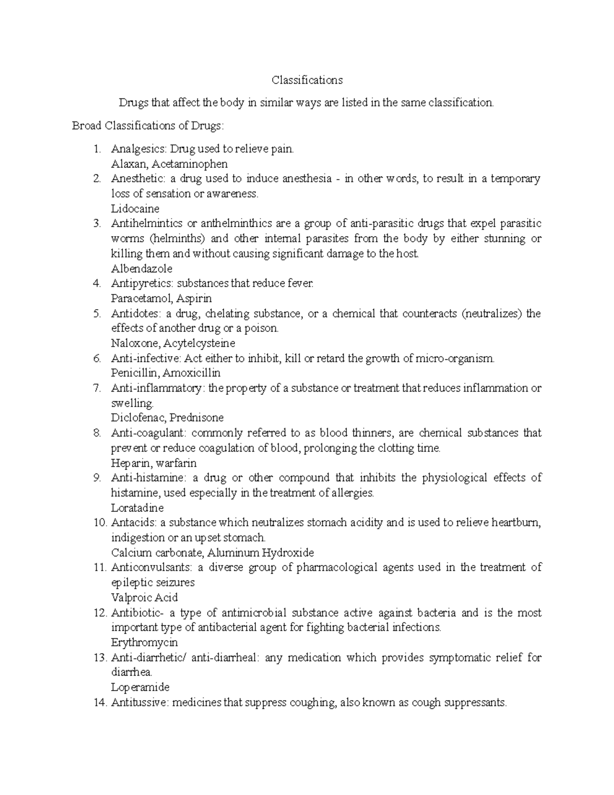 Supplementals - Drugs Classification Drug calculation formula ...