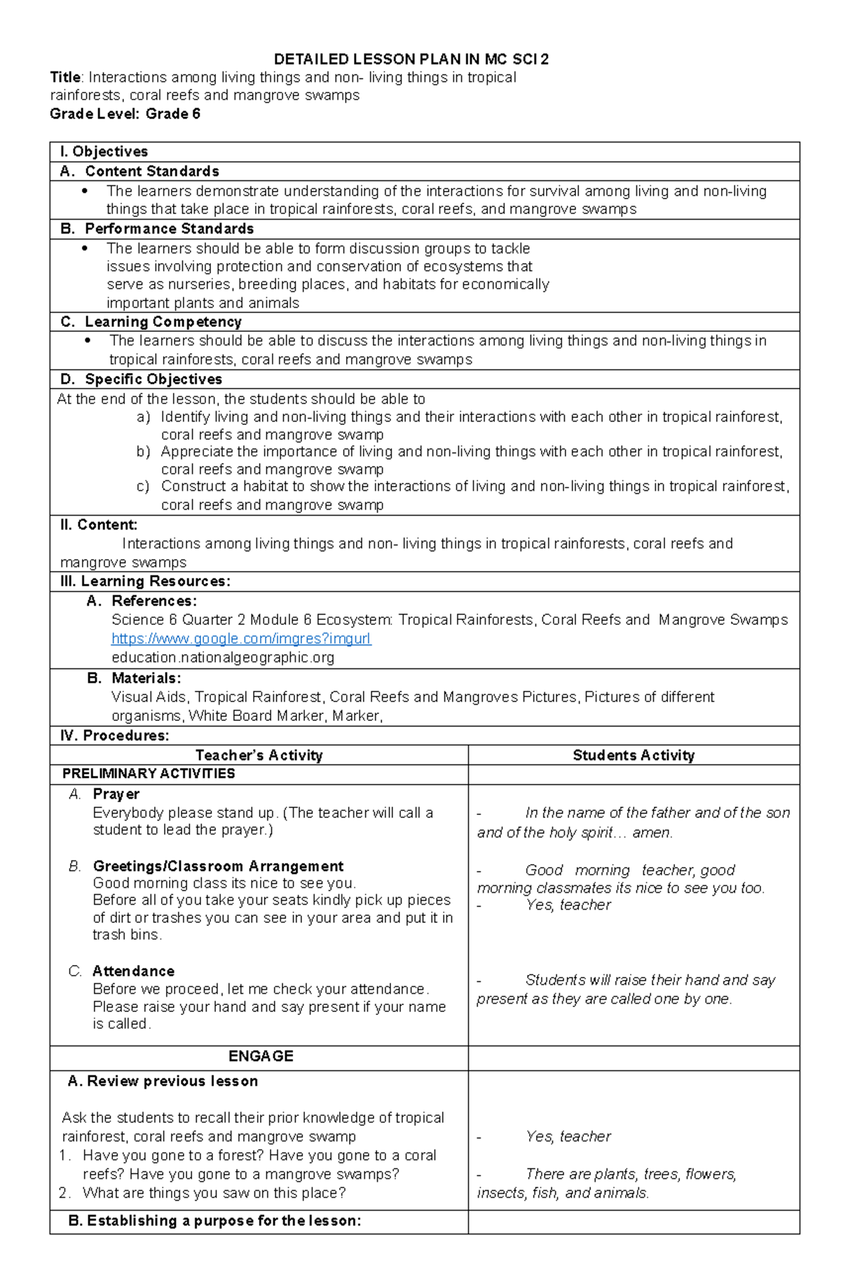 MC SCI 2 Detailed Lesson Plan: Ecosystems of Rainforests & Reefs - Studocu