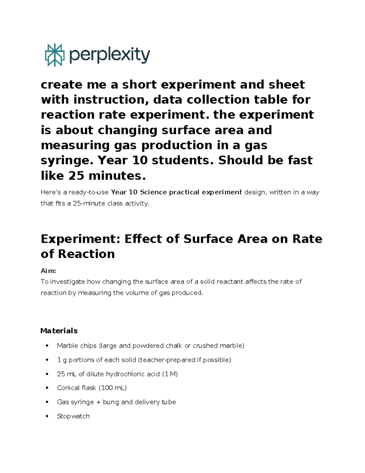 Year 10 Science: Reaction Rate Experiment on Surface Area - Studocu