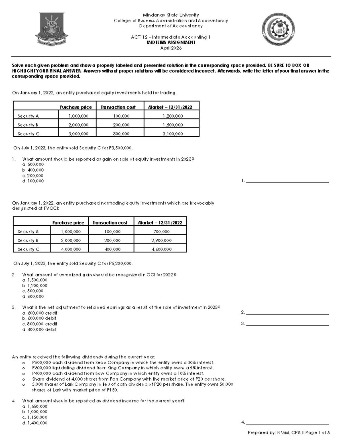 ACT112 Intermediate Accounting 1 Midterm Assignment - April 2026 - Studocu
